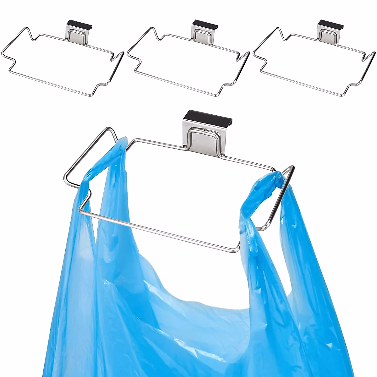 WOPPLXY 4 Pcs Stainless Steel Trash Bag Holder for Kitchen Cabinets Doors and Cupboards, 9.25 x 6 x 1.77 Inch Under Sink Bag Holder for Plastic Bags, Garbage Bag Holder for Cabinet