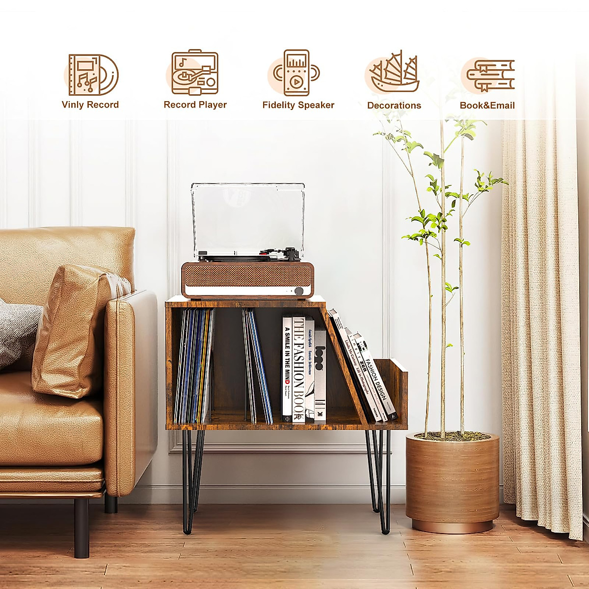 Record Player Stand,Vinyl Record Storage Cabinet,Turntable Stand with Multi-Compartment Design,Record Player Stand with Vinyl Storage Holds Up to 100 Albums (Light Brown)