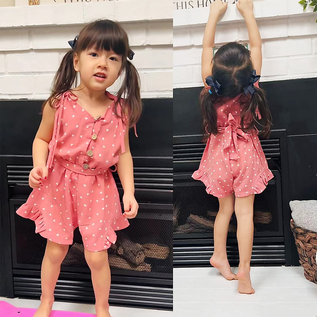 Tikoubabe Toddler Girl Clothes Baby Summer Cute Halter Romper V-Neck Outfits Love Heart Bow Knot Light Red 2T-3T 100CM