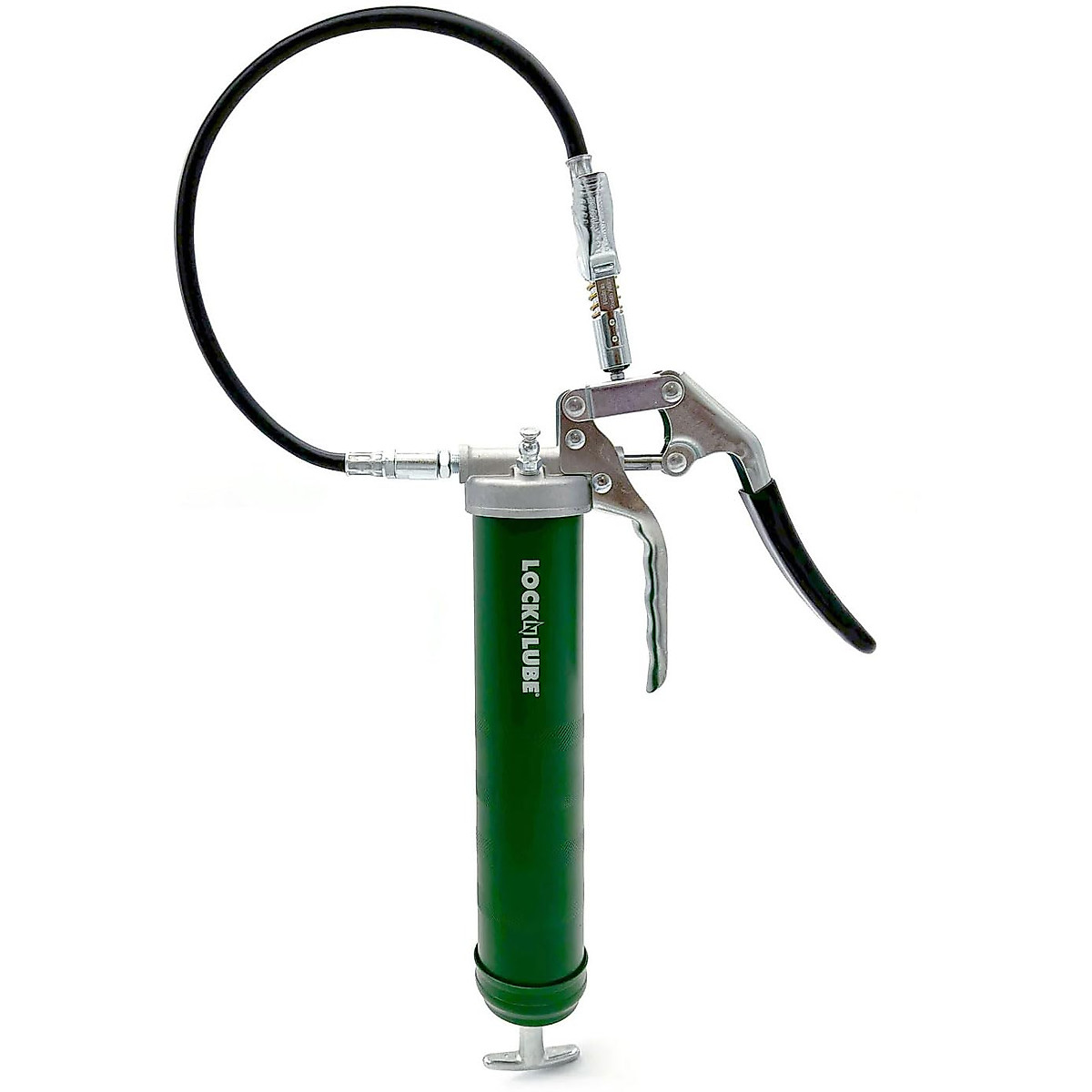 LockNLube Heavy-Duty Pistol Grip Grease Gun. Includes our patented LockNLube® Grease Coupler (Locks On, Stays On, Won't Leak!) plus a high-quality 20" hose and in-line hose swivel