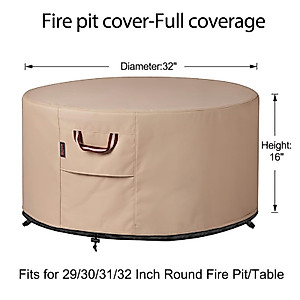 Fire Pit Cover Round - 29-32 Inch Heavy Duty 900D Strong Tear-Resistant and UV Resistant and Waterproof and Fading Resistant Material Polyester Firepit Covers Round for Outdoor Fire Pit - Wheat