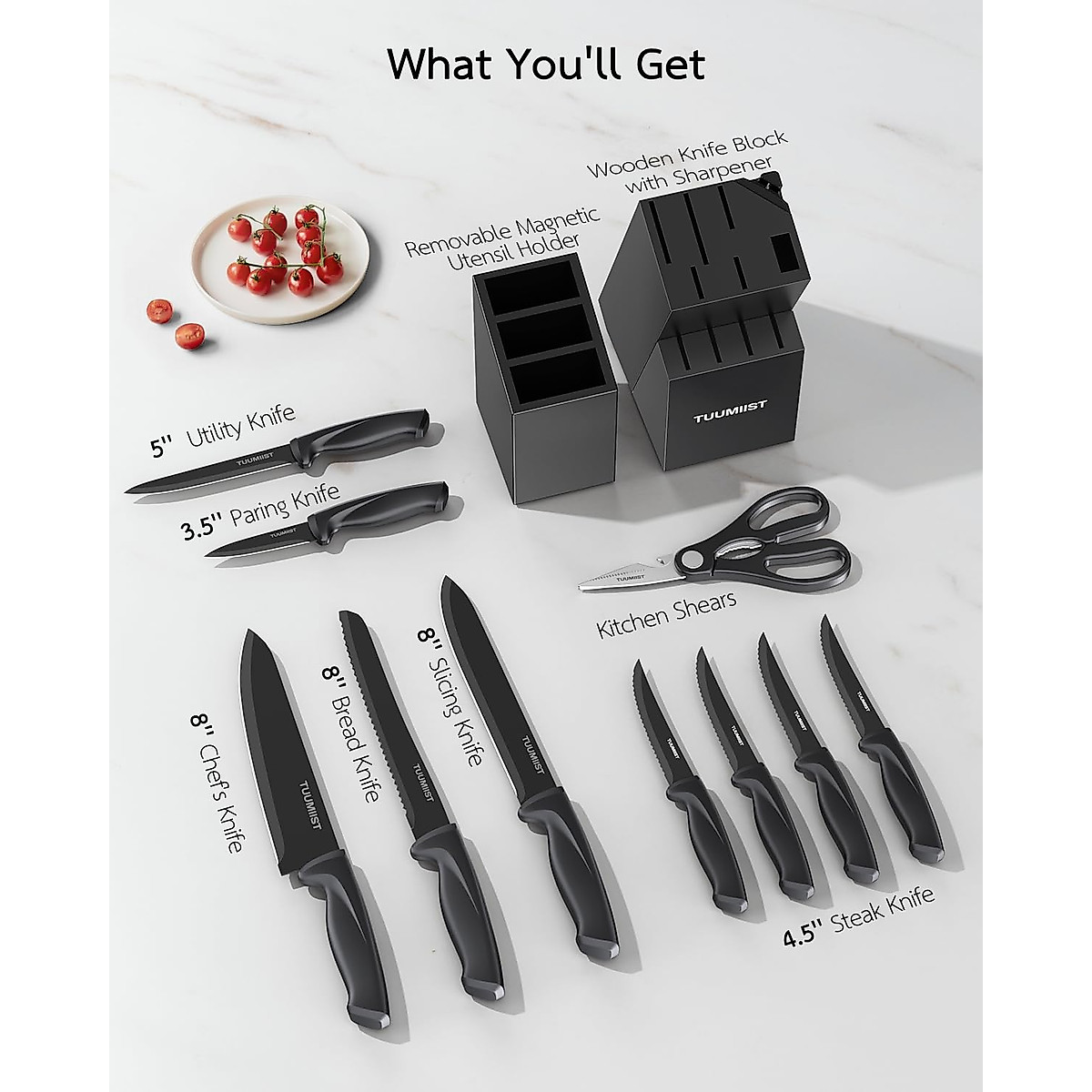 Knife Set, TUUMIIST 18PCS Kitchen Knife Sets with Block and Sharpener, Kitchen Utensils Set, Removable Utensil Holder (Black)-Precision Cutting, Effortless Sharpening, Convenient Organization