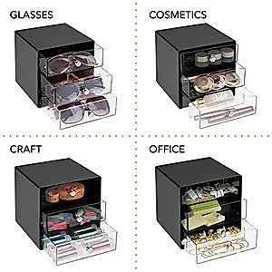 mDesign Stackable Plastic Eye Glass Storage Organizer Box Holder for Sunglasses, Reading Glasses, Lens Cleaning Cloths, and Accessories - 3 Divided Drawers, Chrome Pulls - Black/Clear