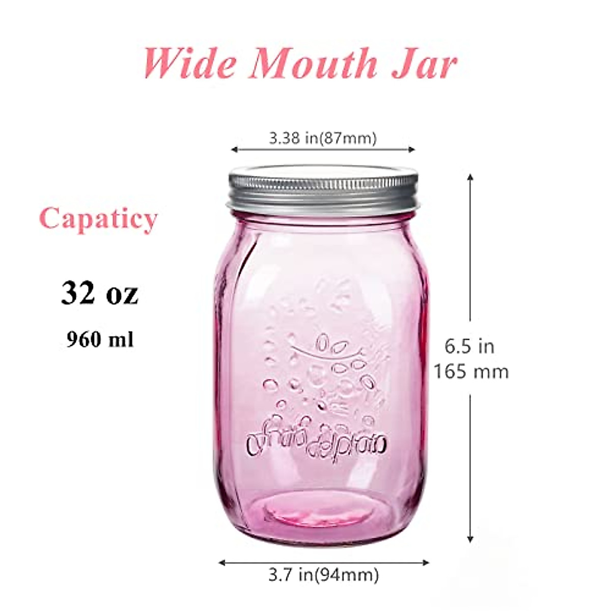 Amzcku 32 oz Pink-Purple Mason Jars with Lids, 6 Pack Wide Mouth Quart Canning Jar, Safe For Storage, Canning, Pickling, Preserving, Fermenting, DIY Crafts & Decor