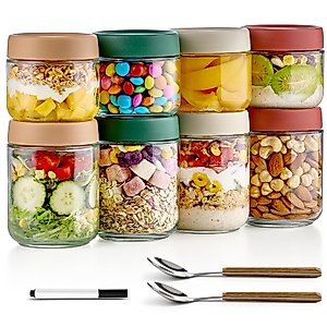 Qipecedm 8 Pack Overnight Oats Containers with Lids, Large & Small Glass Mason Jars 16oz & 10 oz, Breakfast Oatmeal Container to Go, Salad Meal Prep Jars for Food Storage, Mush Chia Seed Pudding Jars