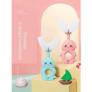 U-Shaped Children's Toothbrush with Food Grade Soft Silicon Brush Head, for Kids 2-6, 360 Degree Oral Teeth Cleaning Design (Small, Pink Dino)