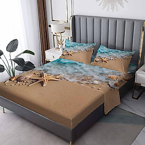 Beach Sheets Full Size, Ocean Sea Bed Sheets, Patterned Bedding Sheets & Pillowcases 4 Piece Set - Soft Microfiber Deep Pocket Fitted Sheet & Flat Sheet & 2 Pillow Cases Z1-&-155