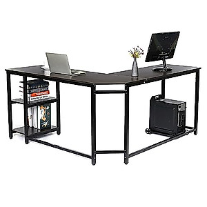 ENGERIO Reversible L Shaped Desk Computer Table with Storage Shelves, Home Office Desk Corner Desk Modern Simple Writing Study Table Gaming Table Workstation with CPU Power Tray Stand (Black)