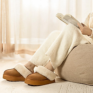 LazyStep Women's Moody Fuzzy Platform House Slippers, Mini Boots with Comfort Memory Foam, Slip-on Warm Fluffy Outdoor Indoor House Shoes(FW2024, Chestnut, Size 9-10)