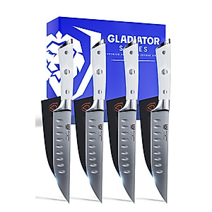 Dalstrong Steak Knife Set - 4-5" Straight Blade Edge - Gladiator Series - Forged German High-Carbon Steel - w/Sheaths - Glacial White ABS Handle - Dinner Set Kitchen Knives