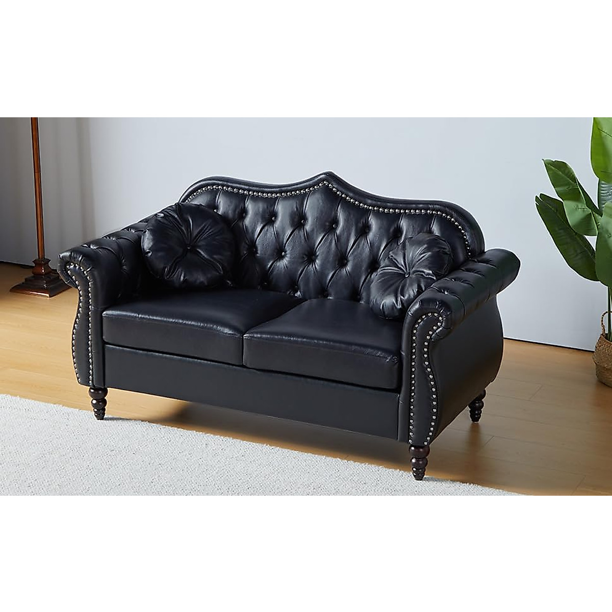 AVZEAR 60" Loveseat Sofa, Chesterfield Sofa, Mid-Century Modern PU Upholstered 2 Seater Sofa, Deep Button Tufted Living Room Sofa with Two Throw Pillows, Black