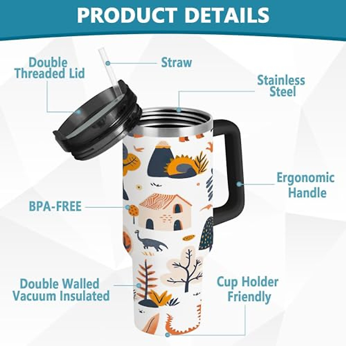FRCSDIY Cartoon Dinosaur Insulated Tumbler with Handle and Straw Lid,40oz Leakproof Stainless Steel Cup BPA-Free Water Bottle