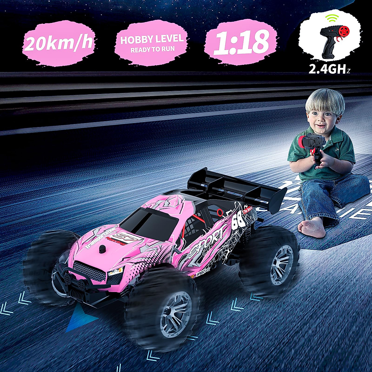 TURCGUO Remote Control Car for Girl Toddler Toy,1:18 2WD Pink All Terrain Fast Electric Race Boy Gift Off Road 20km/h 2.4GHz Radio RC Monster Truck Boy with 2 Rechargeable Batteries