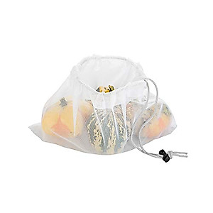 Kitchen Details 3 Pack Reusable Cotton Mesh Produce Bags | Green Living | Drawstring | Fruit and Vegetable Bags & Organizers | Good for Grocery Shopping | White