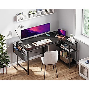 ODK 48 Inch Small L Shaped Gaming Computer Desk with Power Outlets, Reversible Storage Shelves & PC Stand for Home Office, Simple Writing Study Table with Storage Bag for Small Space, Black
