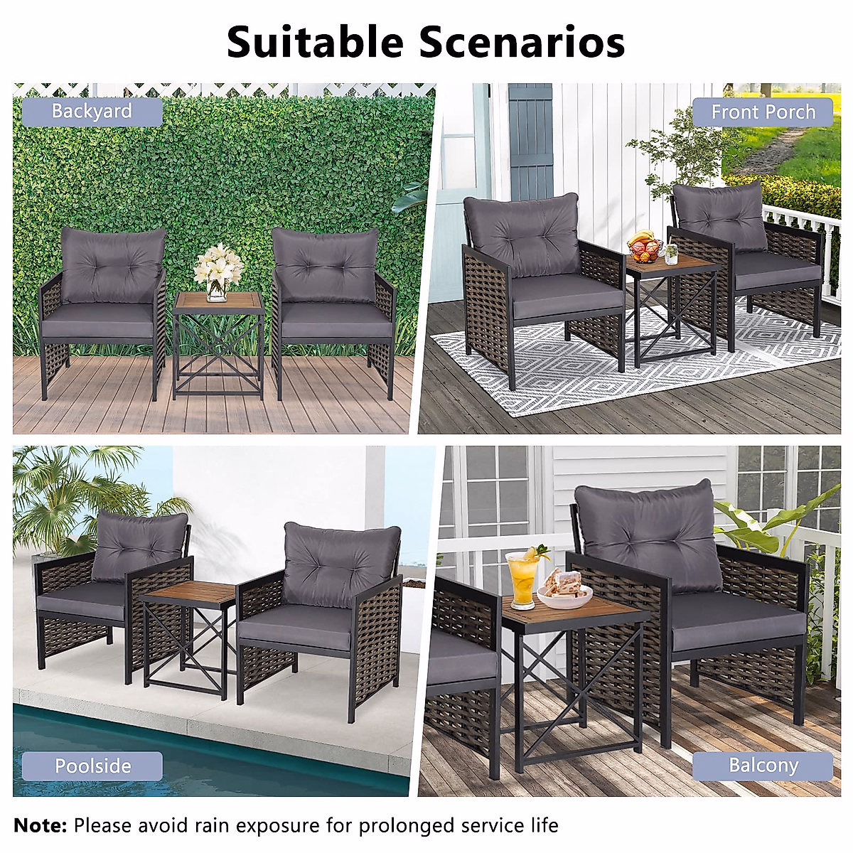 Tangkula 3 Piece Rattan Chair Set, Patio Wicker Chairs and Coffee Table Set, Heavy-Duty Metal Frame & Durable Acacia Wood Tabletop, Outdoor Furniture Set for Backyard, Front Porch, Deck (Gray)
