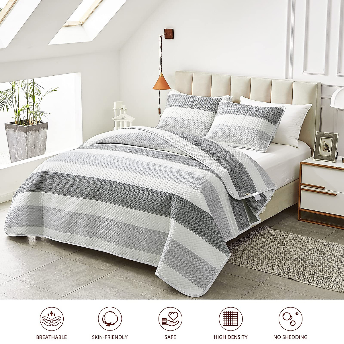 Joyreap 3-Piece Cotton Quilt Set King, Light Gray Penicl Line Stripes Printed on White, Smooth Soft Quilt Bedspread Bed Cover for All Season- 102x90 inches