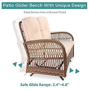 MEETWARM 5 Pieces Outdoor Patio Rattan Furniture Sets, All Weather Patio Wicker Conversation Set - 2 Rocking Swivel Chairs 1 Rattan Loveseat Glider with Cushions, 2 Glass-Top Coffee Table, Beige