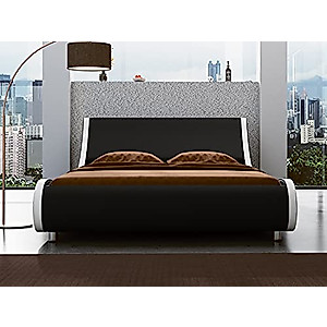 SHA CERLIN Modern Low Profile Platform Bed Frame Full Size, Stylish Faux Leather Upholstered Sleigh Bed with Adjustable Headboard, No Box Spring Needed, Black & White