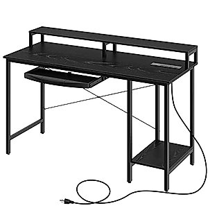 Rolanstar Computer Desk with Power Outlet and Monitor Stand Shelf, 47” Home Office PC Desk with Keyboard Tray and USB Ports Charging Station, Desktop Table, Stable Metal Frame Workstation, Black