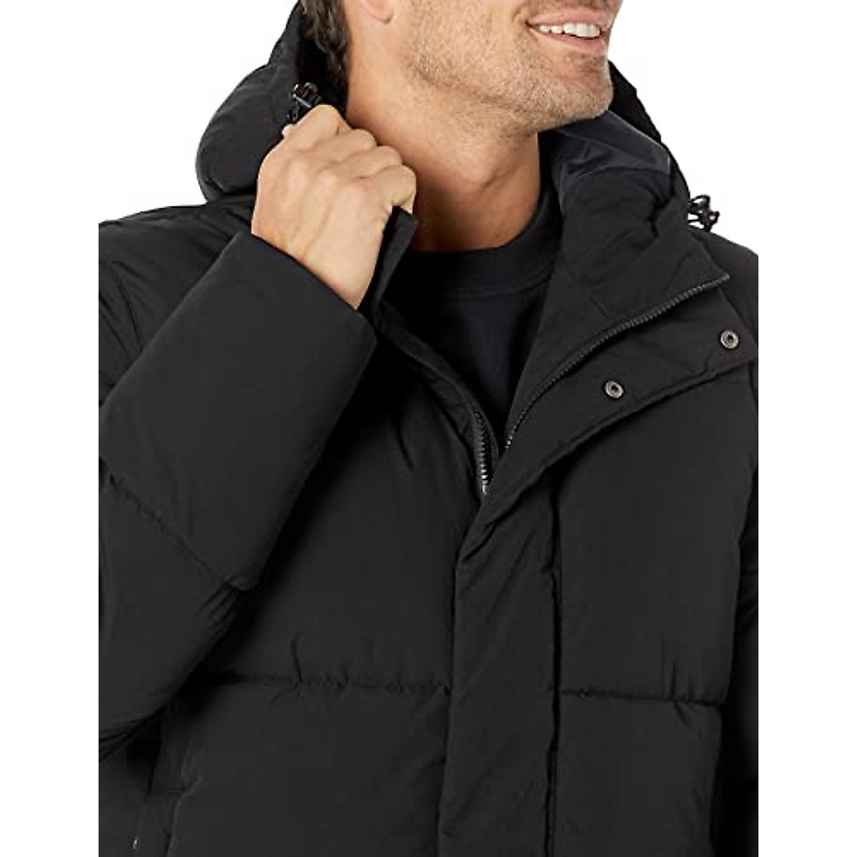 Amazon Essentials Men's Recycled Polyester Mid-Length Hooded Puffer (Available in Big & Tall), Black, Large