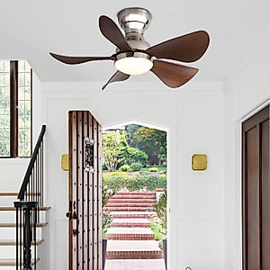 GESUM Ceiling Fan with Lights, 30 lnch Low Profile Ceiling Fan, 5 Reversible Blades, Flush Mount Ceiling Fan Light with 6 Speeds 3 Colors for Indoor Outdoor (Nickel-Walnut)