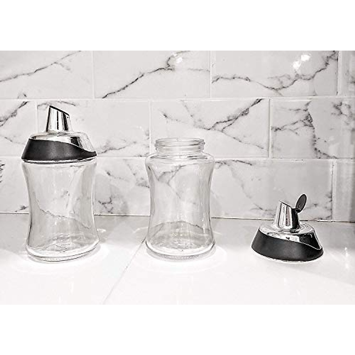 J&M Design 2-Pack Sugar Dispenser & Shaker For Coffee , Cereal , Tea & Baking with Pour Spout and Lid for Easy Spoon Measuring Pouring - 7.5oz Glass Jar Container - Coffee Bar Accessories & Essentials