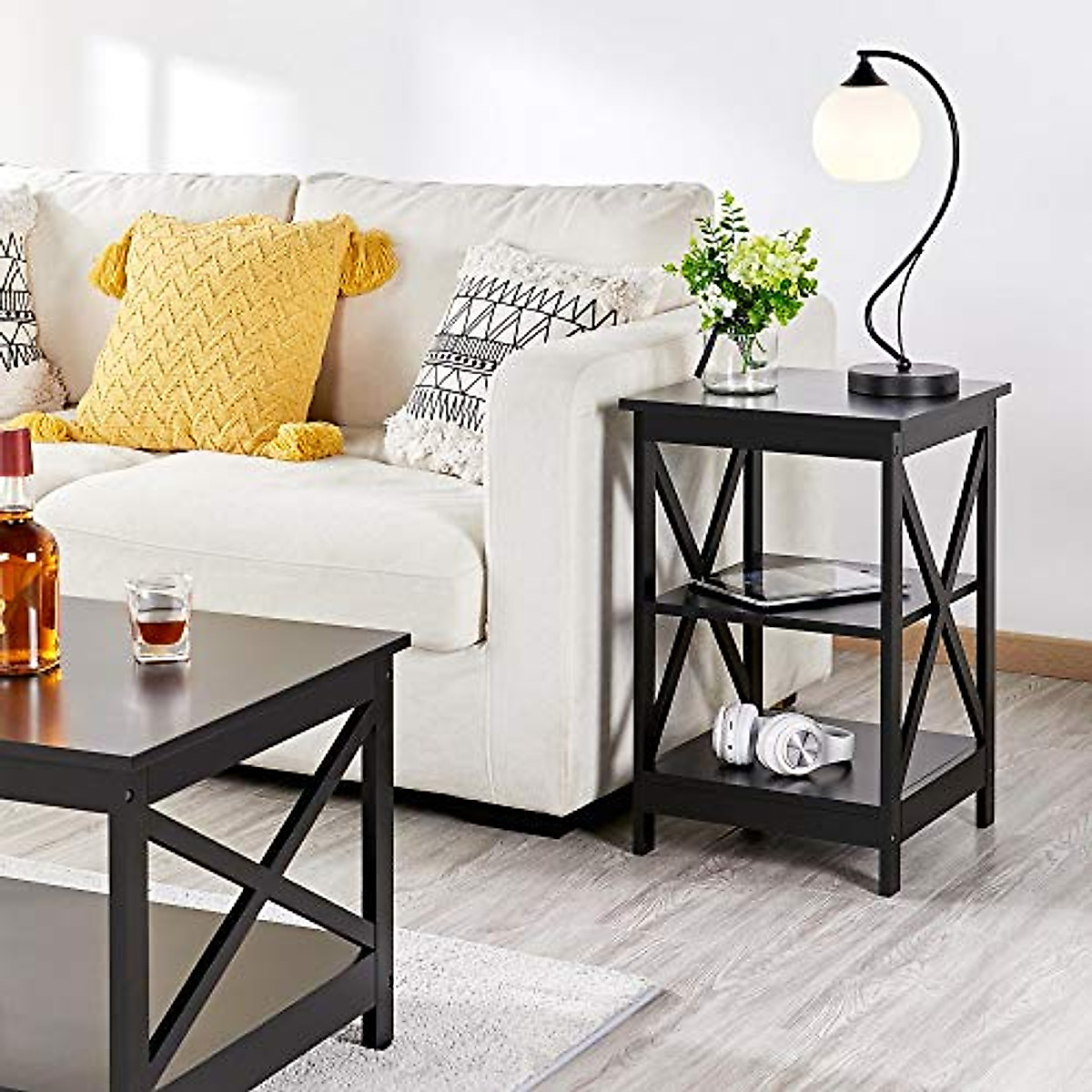 Yaheetech Wood Living Room 3-Piece Table Sets - Includes X-Design Coffee Table& Two 3-Tier End Side Tables, Easy Assembly Home Accent Furniture