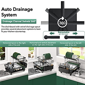 ROTTOGOON Large Dish Drying Rack, 2-Tier Stainless Steel Dish Racks for Kitchen Counter, Durable Dish Drainer with Drainboard, Drainage, Utensil Holder for Various Kitchenware, Black