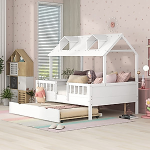 MERITLINE Full House Bed with Trundle, Wooden Platform Bed Frame with Roof, for Kids Teens Girls Boys - White