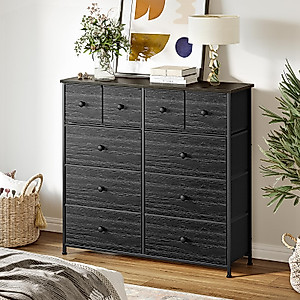 REAHOME 10 Drawer Dresser for Bedroom Fabric Storage Tower Wide Black Dresser with Wood Top Sturdy Steel Frame Storage Organizer Unit for Living Room Hallway Entryway Closets Nursery (Charcoal Black)
