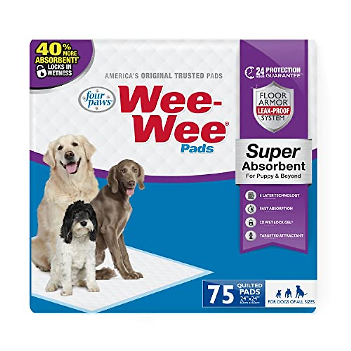 Four Paws Wee-Wee Super Absorbent Pee Pads for Dogs - Dog & Puppy Pads for Potty Training - Dog Housebreaking & Puppy Supplies - 24" x 24" (75 Count)