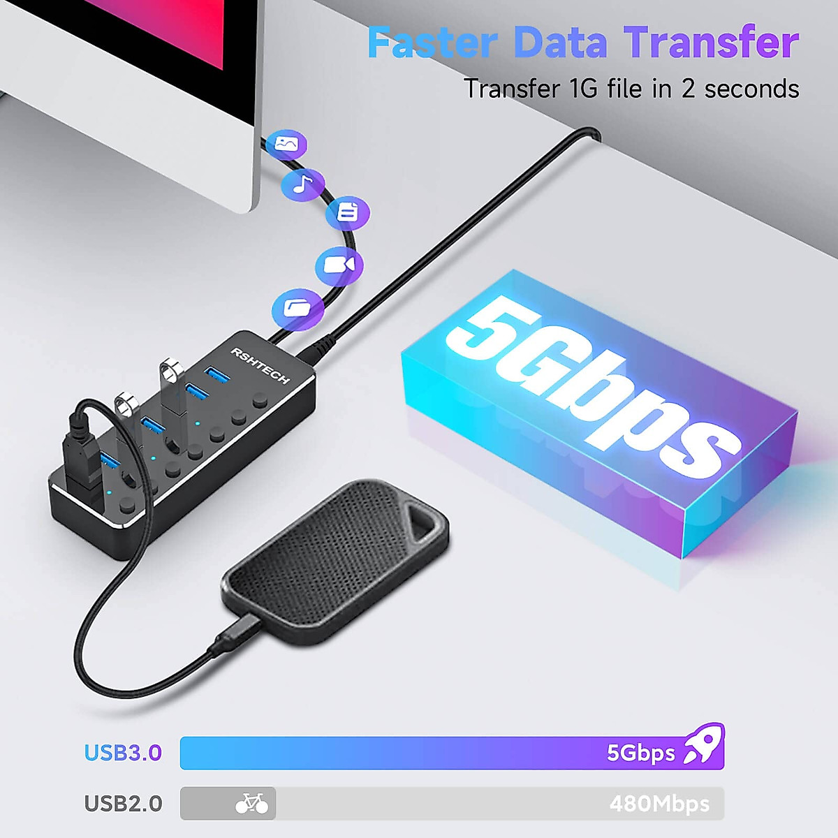 Powered UBS Hub, RSHTECH 7 Port USB 3.0/USB C Hub Upgraded Version Aluminum USB Hub with 2-in-1 USB Cable,5V 3A Power Adapter and Individual Switches, USB Port Expander Hub for Laptop and PC, RSH-ST07