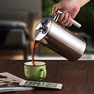 Miuly French Press Coffee Maker,21Oz Stainless Steel French Press with 3 Level Filtration System，Double Wall Insulated French Press with 4 Filters and 1 Metal Spoon