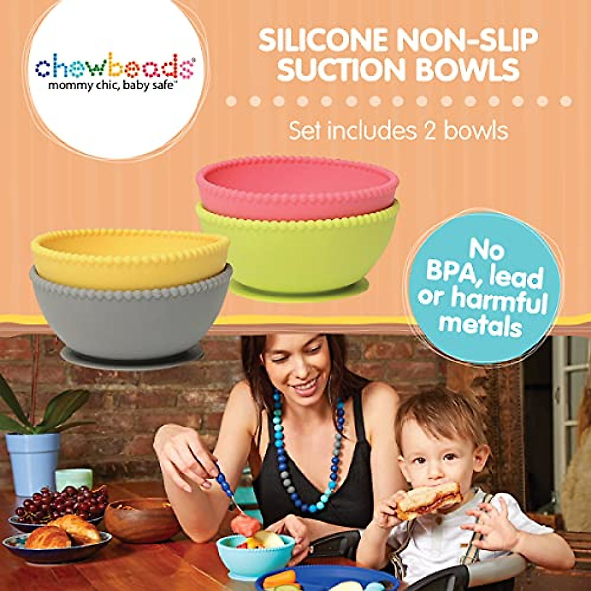Chewbeads Silicone Suction Bowls - Set of 2 - Stay Put Toddler & Baby Suction Bowls - Dishwasher, Microwave & Freezer Safe Toddler Bowls - 100% Silicone, BPA Free & Phthalate Free