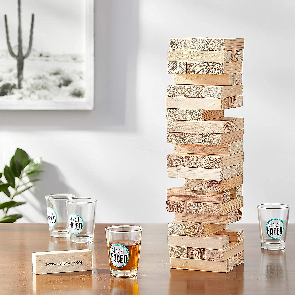 Game Night Tipsy Tower Glass Drinking Game Set w/Wooden Blocks & 4 Lead-Free Shots-Ideal Gift for Birthdays, Father's Day & More, 1 Count (Pack of 1), Brown