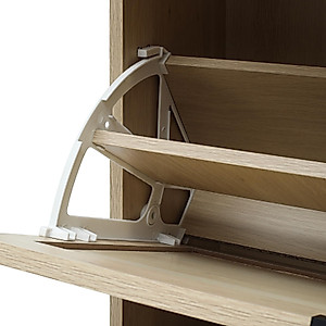 Shoe Cabinet for Entryway,Rattan Shoe Cabinet with Mirror and 4 Flip Down Drawers,Narrow Shoe Cabinet with Natural Rattan Doors and 4 Storage Shelves,Freestanding Shoe Organizer for 24 Pairs of Shoes