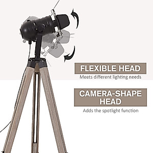 HOMCOM Industrial Style Tripod Floor Lamp, Vintage Spotlight Reading Lamp with Wooden Metal Legs, Wood and Black