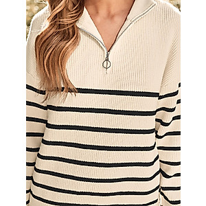 LILLUSORY Women's Quarter Zip Striped Oversized Sweater 2025 Mock Turtleneck Fall Fashion Outfit Apricot-Black M