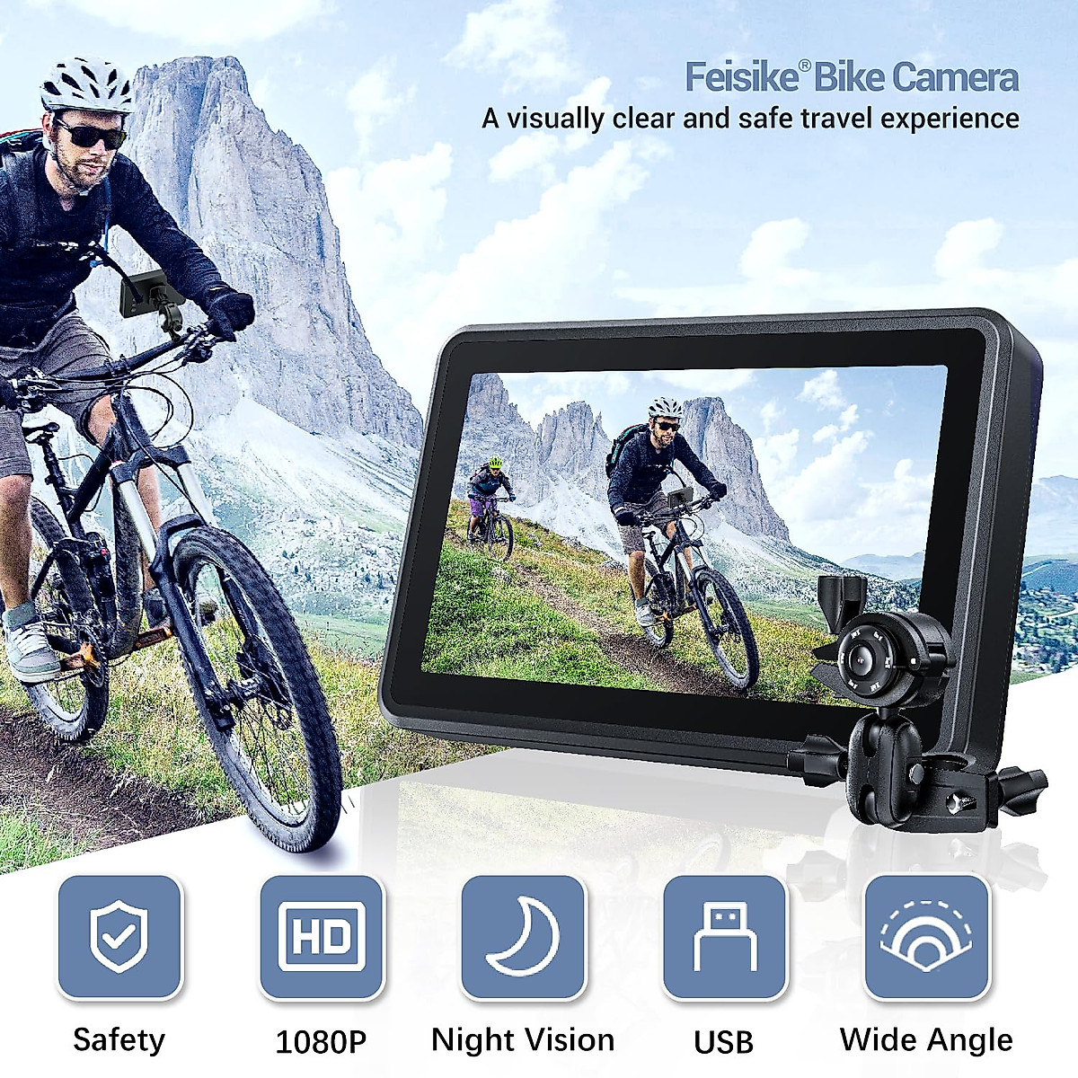 FEISIKE Handlebar Bike Mirror, Bicycle Rear View camera with 4.3'' HD Night Vision Function, 145° Wide Angle View, Adjustable Rotatable Bracket, Compatible with Bicycle, Mountain, Road Bike