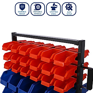 90 Parts Bin Rack Garage Storage Unit System Steel Shelf 9 Tiers, Mobile Organizer Portable Wheels Plastic Bins Garage Shelving Tool Shop, Floor Mount for Men Birthday Gift