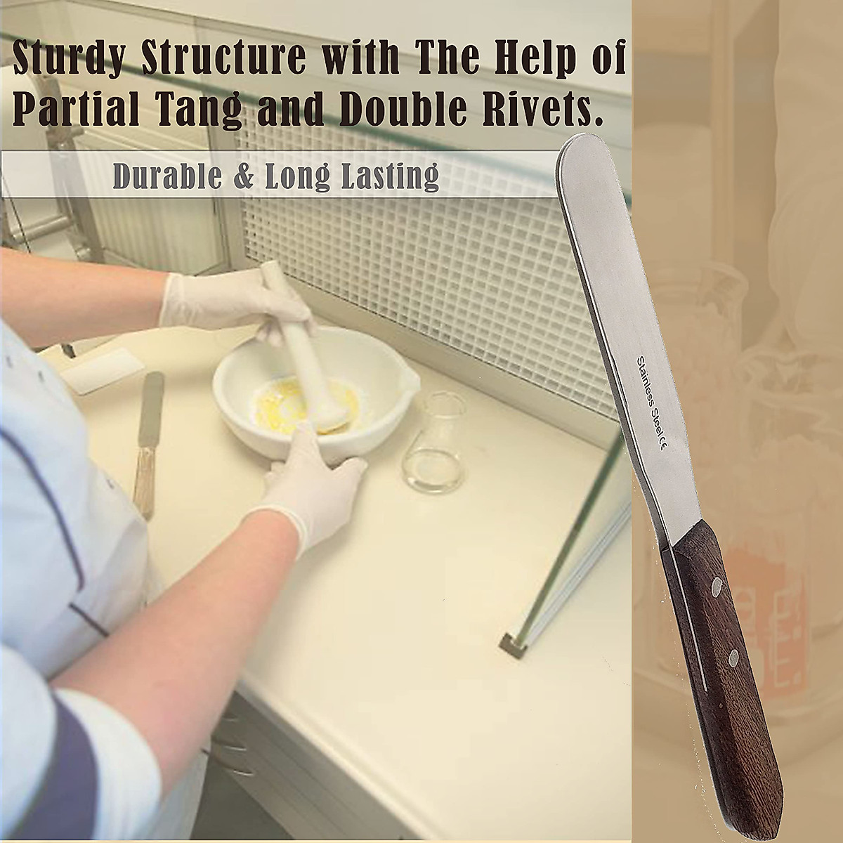 A2Z-WHS5 Stainless Steel Lab Spatula with Wooden Handle, 5" Blade, 0.88" Blade Width, 9.08" Total Length