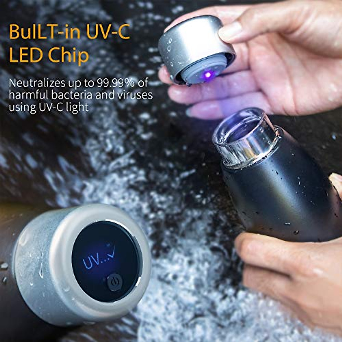 LAVONE Water Bottles, Self-Cleaning and Insulated Stainless Steel Water Bottle with UV Water Purifier, with Handle, 18 oz