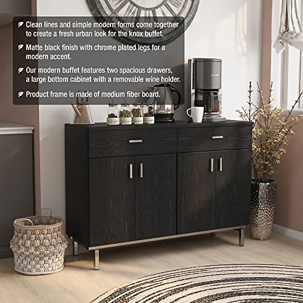HOMES: Inside + Out Brysin Modern 48 in. Buffet Server, Sideboard with Removable Wine Holder, 2 Drawers On Metal Glides and Two Doors Bottom Cabinet for Kitchen, Dining Room, Large, Black
