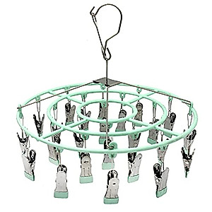 Decohomeforu Stainless Steel Clothes Sock Drying Rack with 24 Clips, Swivel Hook Windproof Clothes Hanger Rack for Sock, Bras, Towel, Underwear, Hat, Scarf, Gloves, Pants Laundry Clothes (Green Clips)