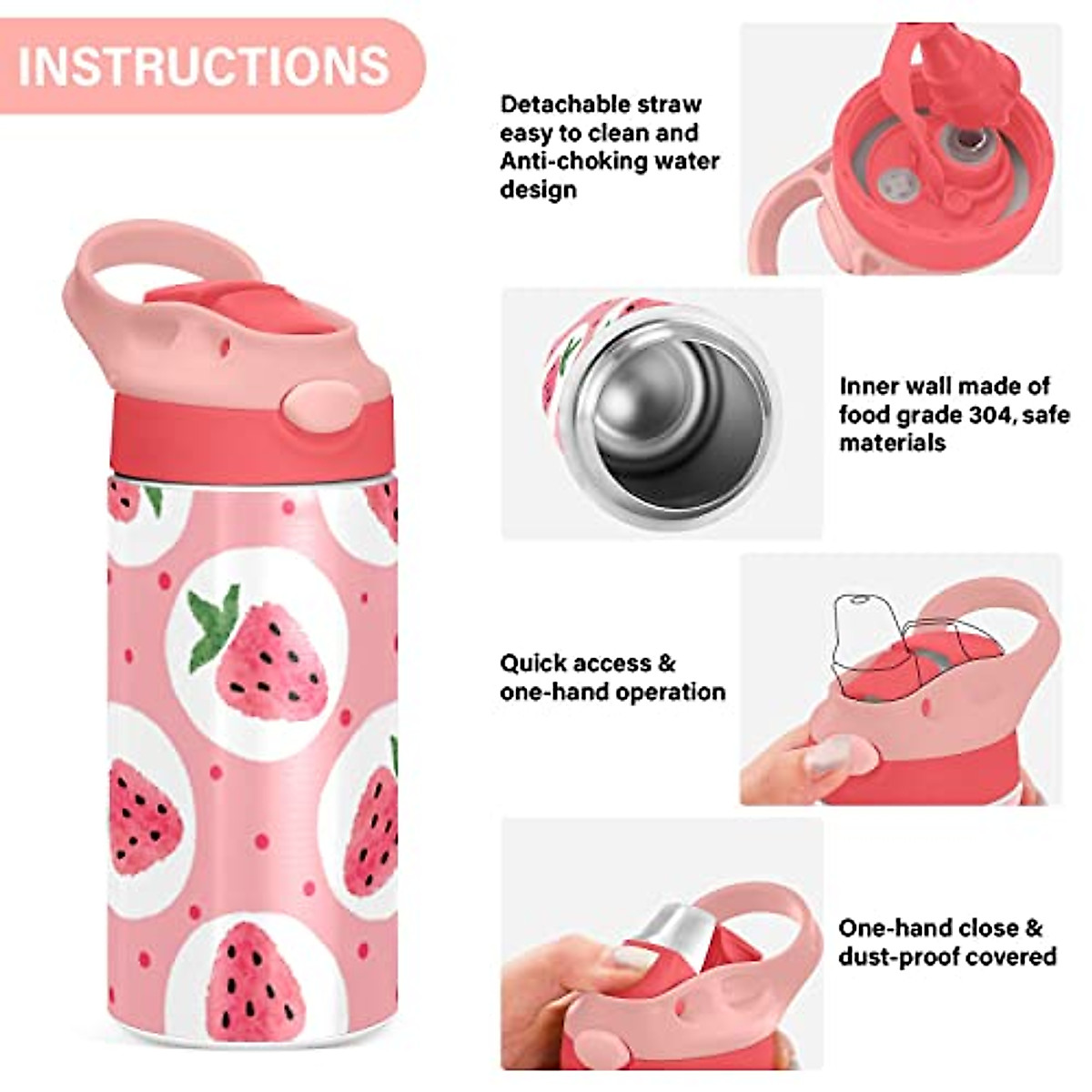 Children Insulated Water Bottles with Straw for School Kids Strawberry Pink Cute Stainless Steel Vacuum Double Wall Keeps Hot and Cold with Handles