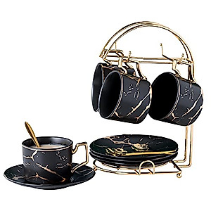 Jusalpha Serve of 4- Hand Printed Golden Matte Ceramic Marble Tea Coffee/Tea Cups with Spoons and Cup Holder, 7OZ -TCS26 (Black/Gold, Serve of 4)