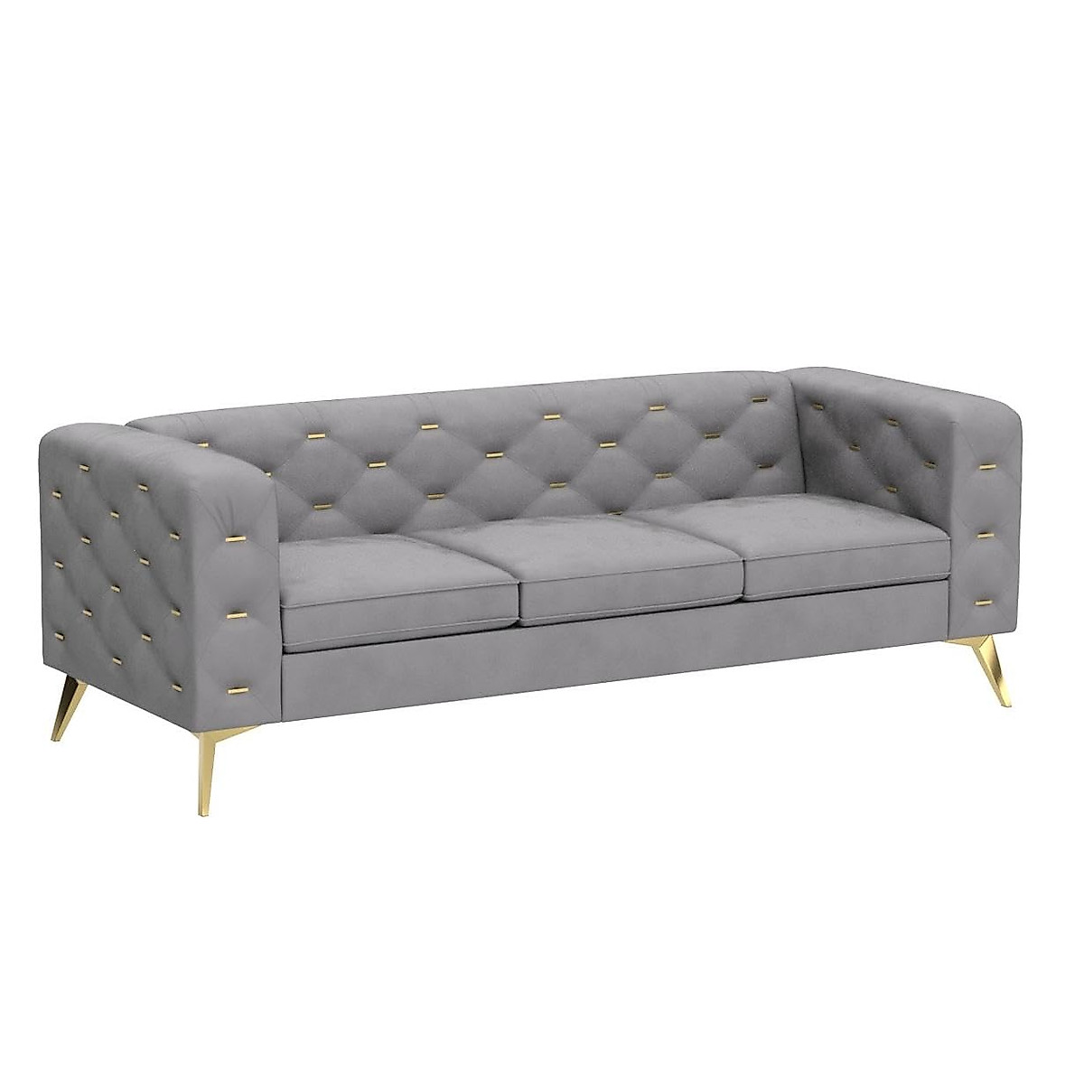 LEVNARY Modern Chesterfield Sofa, Velvet Button Tufted Upholstered 3 Seater Couch, 84 Inches Settee Sofa with High Arm and Golden Metal Legs, Couches for Living Room Bedroom Office (Gray)