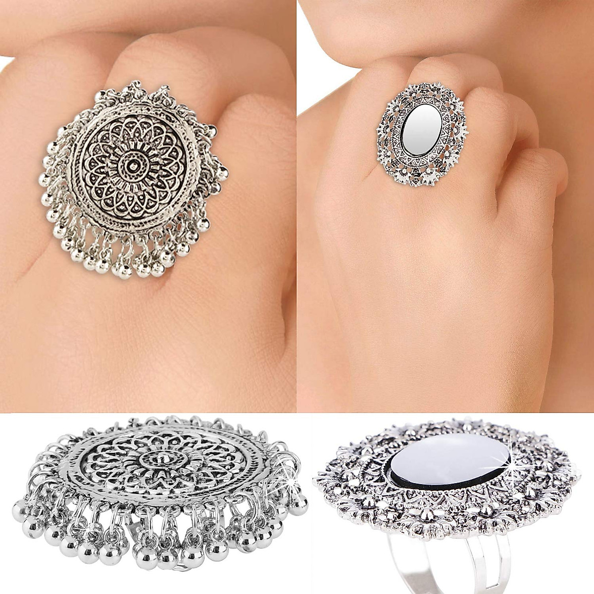 Yellow Chimes Designer Artistic Crafted Indian Bollywood Style Mirror Worked Oxidized Silver Combo of 3 Traditional Party Ware Adjustable Rings Indian Traditional Jewelry for Women from