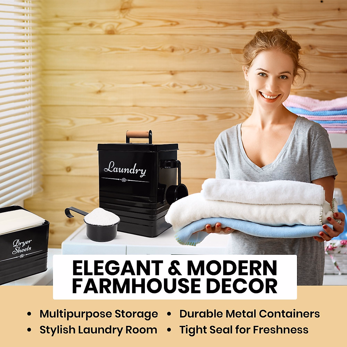 Farmhouse Metal Detergent Laundry Pods Container with Dryer Pod Sheet Holder for Laundry Room Organization and Storage with Scoop, Laundry Room Decor, Holds over 200 Laundry Pods and 300 Dryer Sheets